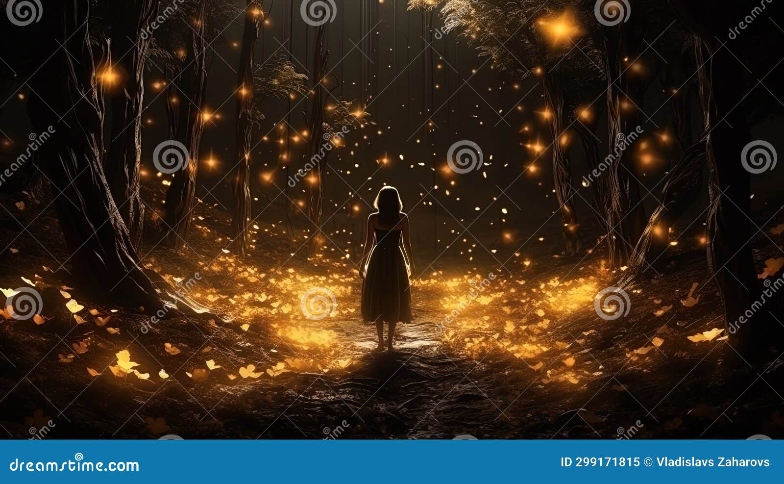 Lighting Fairy Light Figure in a Dark Forest Stock Illustration ...