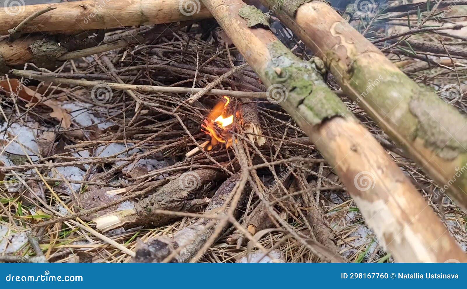 Lighting a Fire with Matches, Camper Holds a Lit Match Under the ...