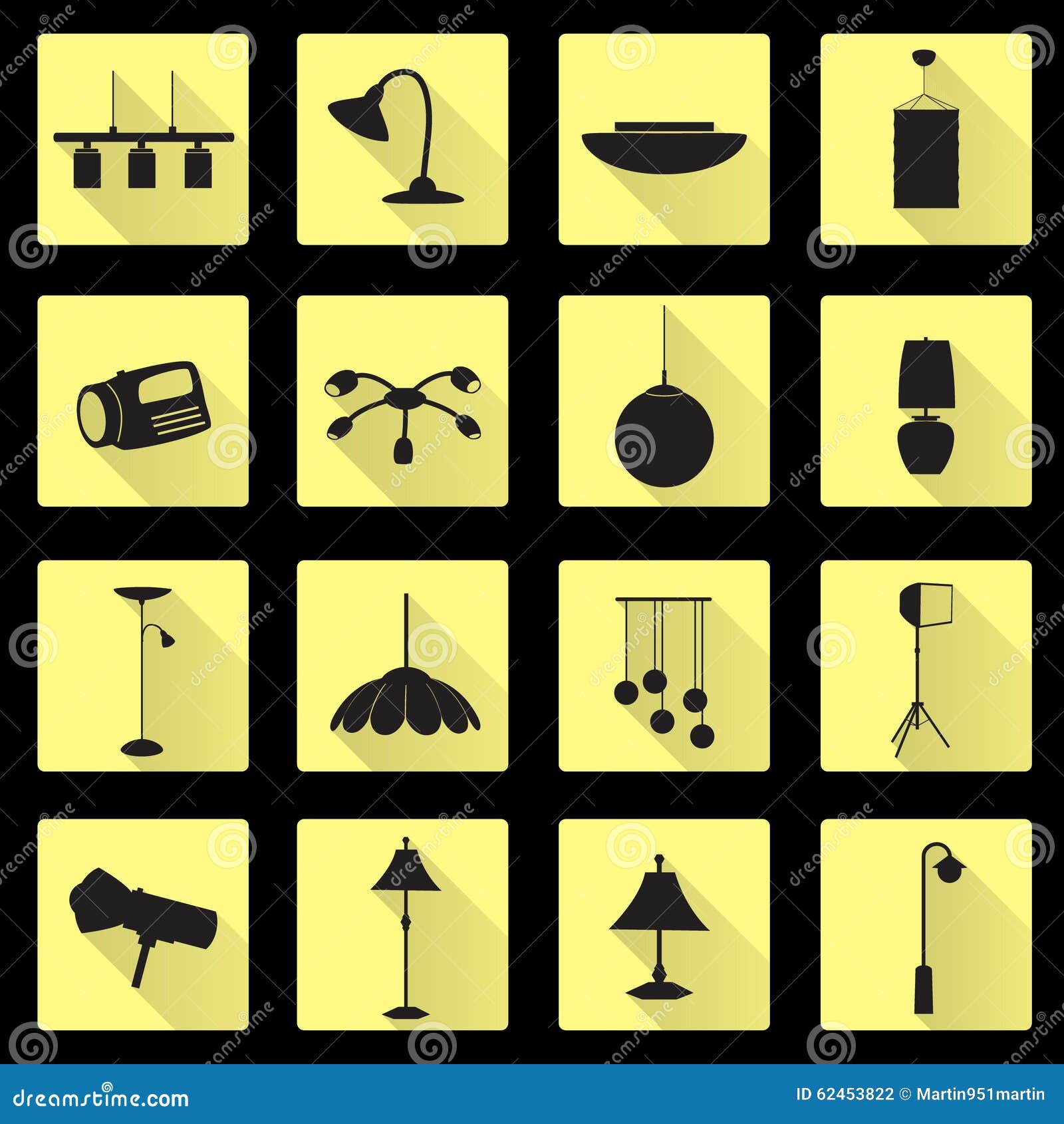 Lighting Flat Black and Yellow Icons Set Stock Vector - Illustration of ...