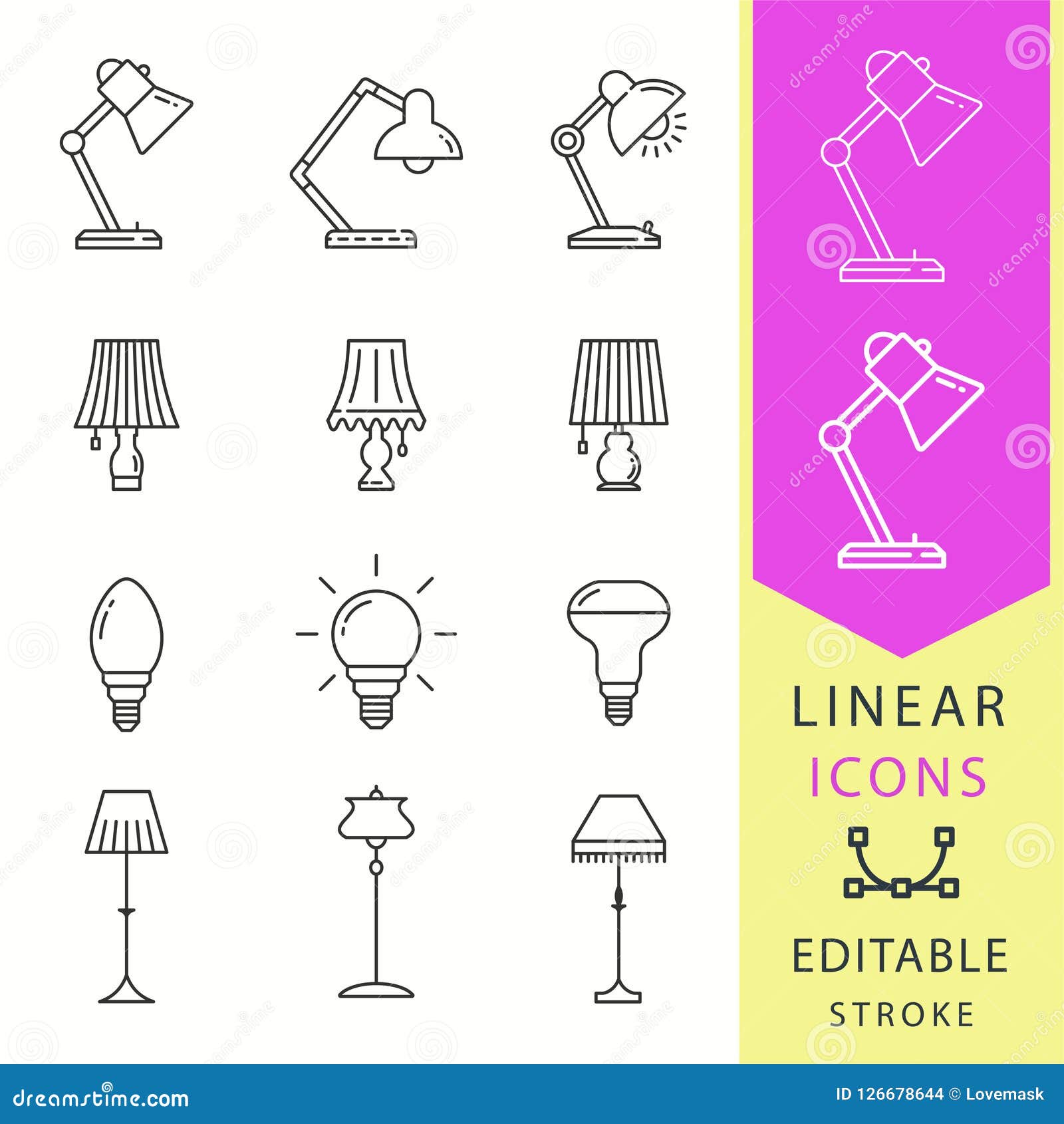 Lighting Icons Set. Black Vector Illustration. Editable Stroke. Stock ...