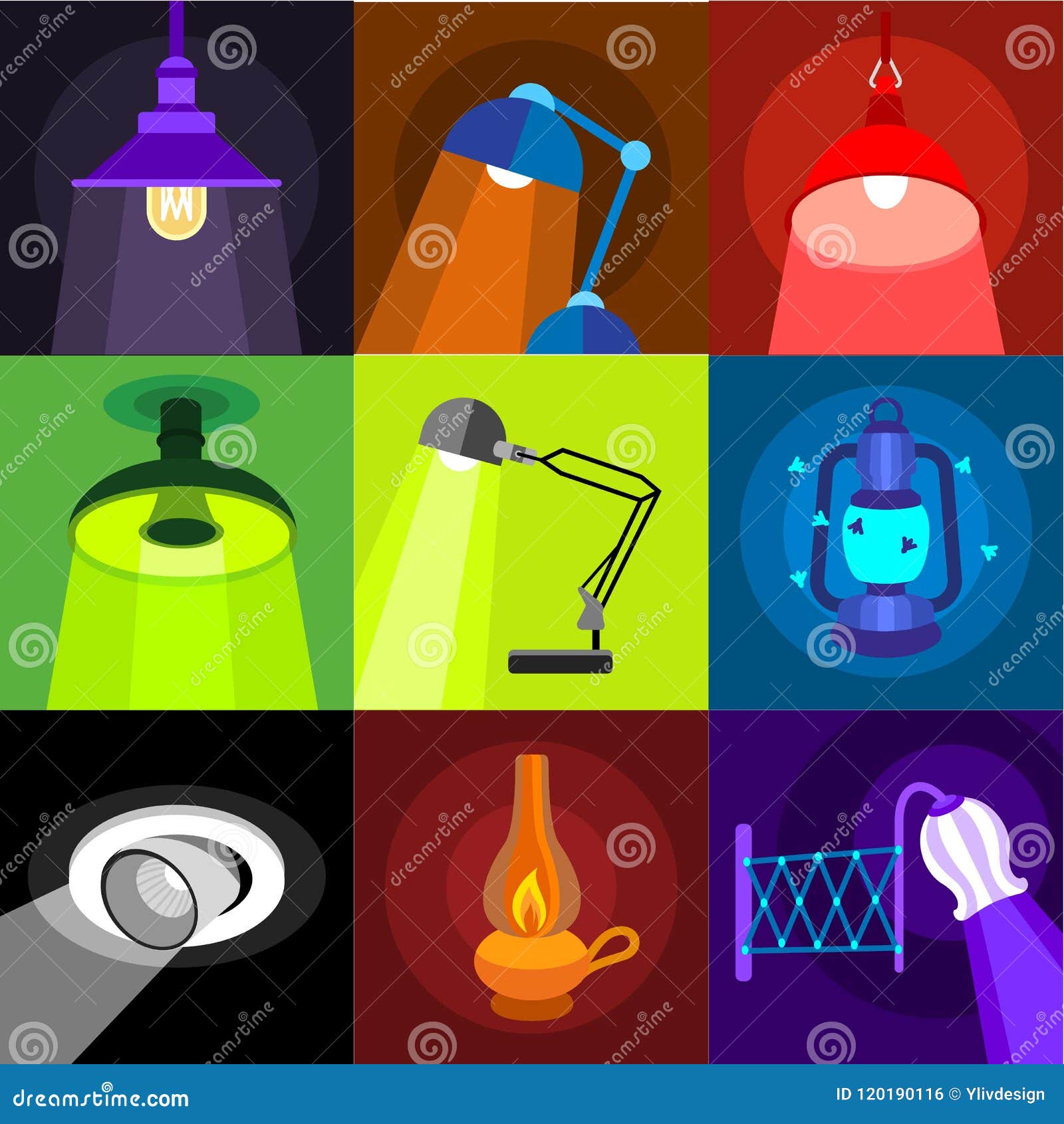 Lighting Icons Set, Flat Style Stock Vector - Illustration of invention ...