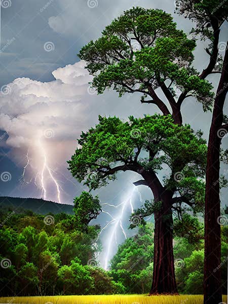 Lighting Strike Tree Illustration Artificial Intelligence Artwork ...