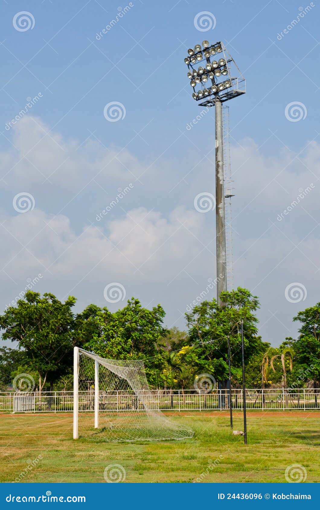 Lighting Tower of Stadium with Football Goal Stock Photo - Image of ...