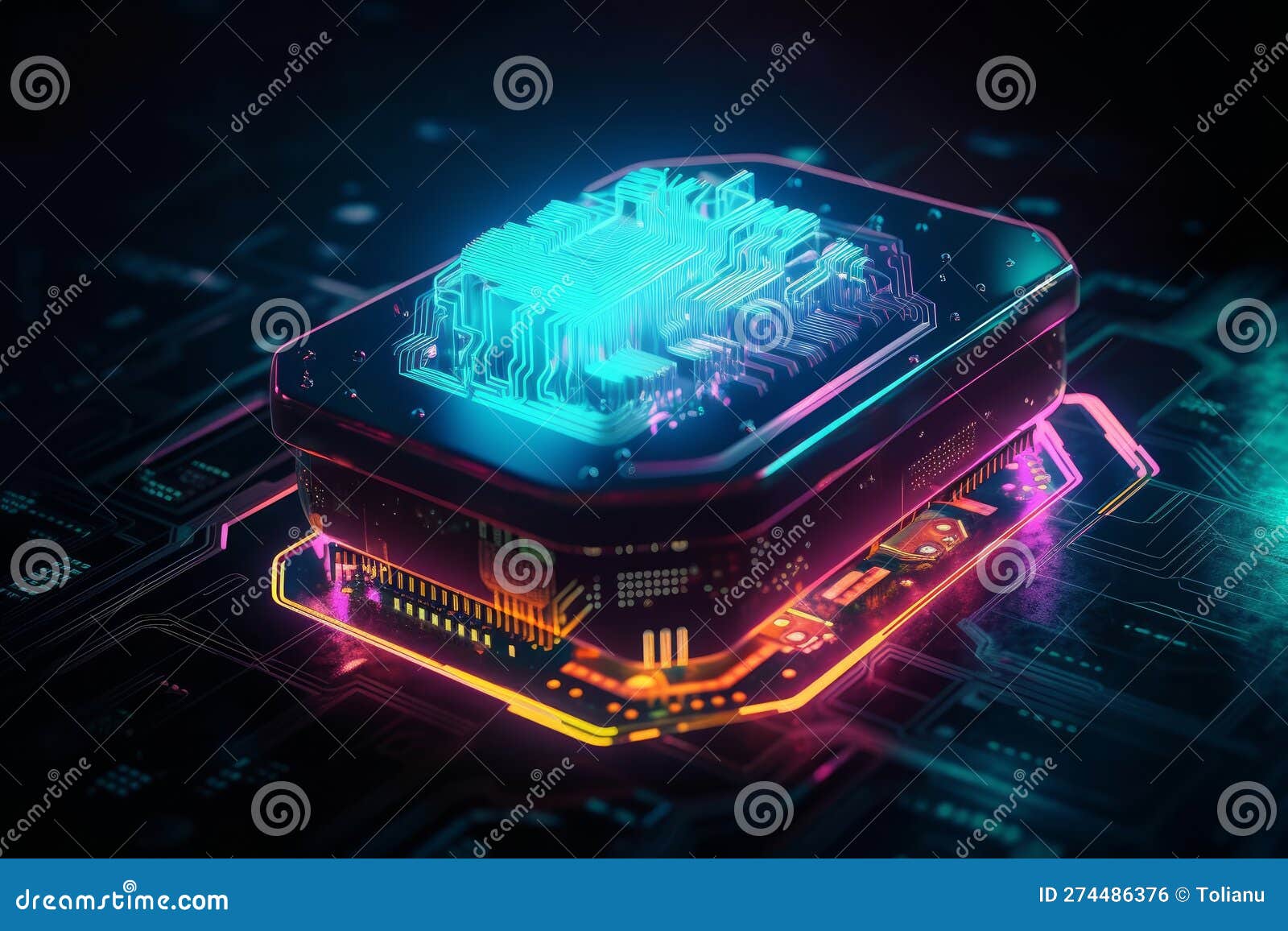 Neon Microchip Meets Cloud: a Futuristic Integration - High Tech Cartoo ...