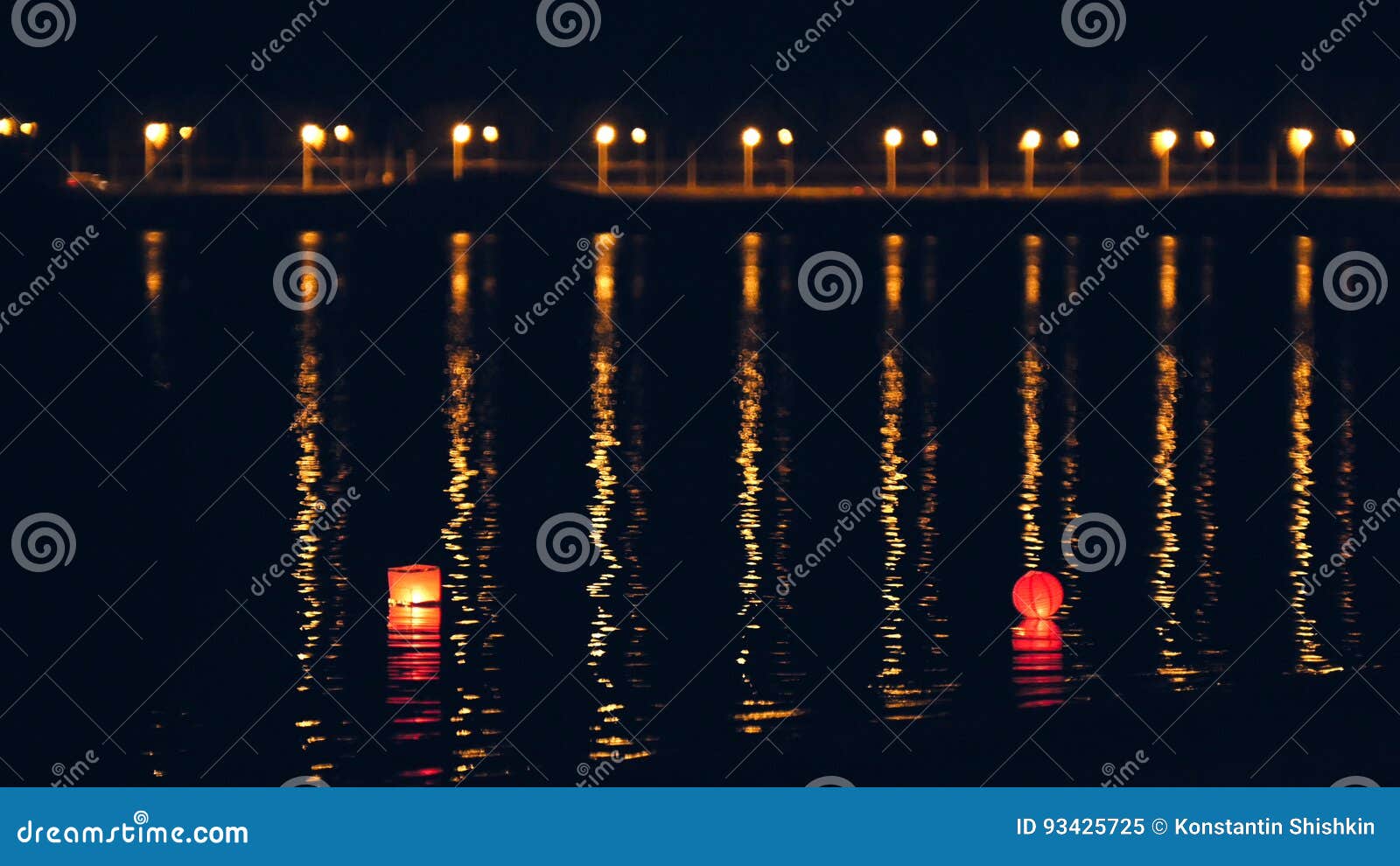 Lighting Water Lanterns on River at Night Stock Image - Image of pond ...