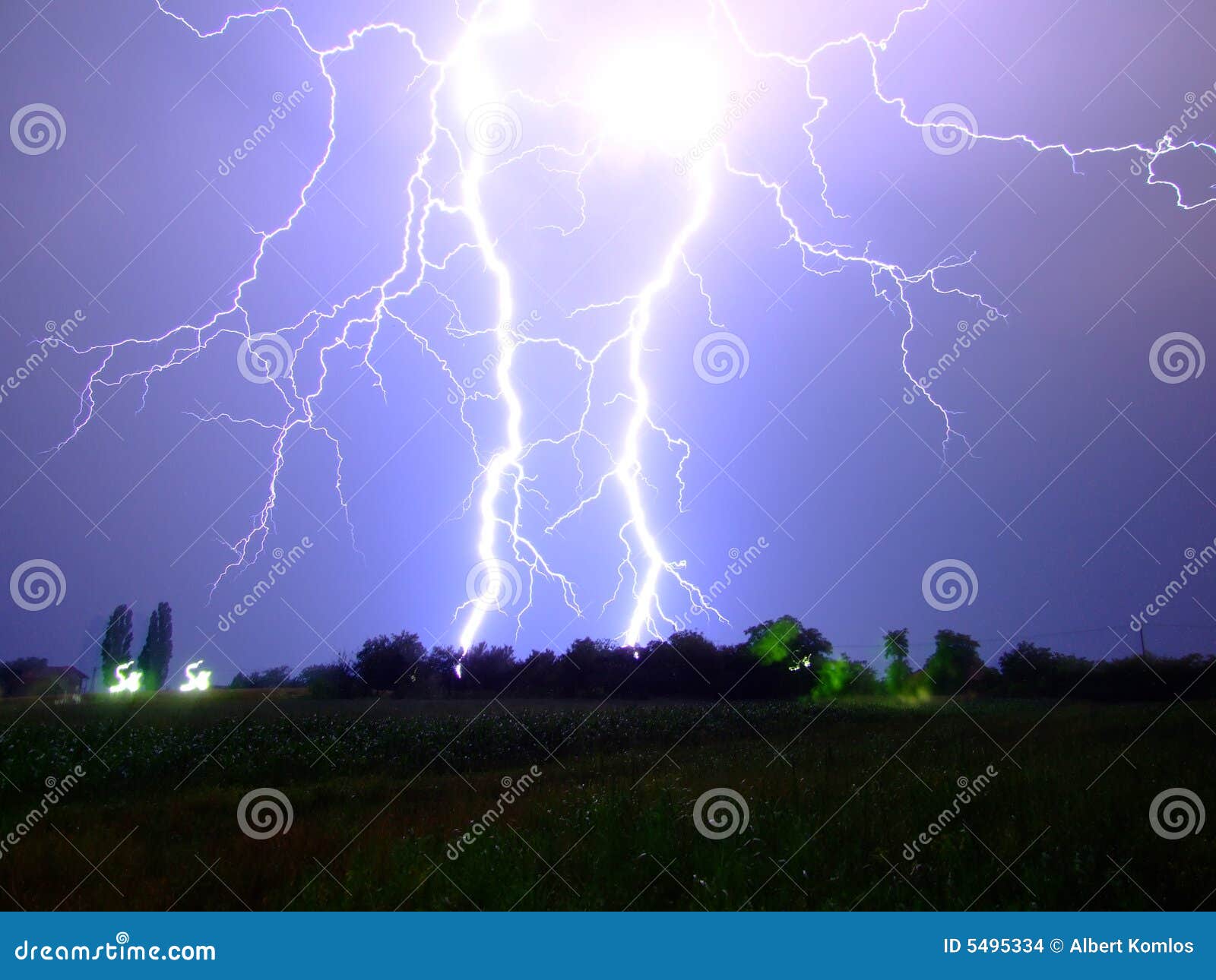 Downward Lightning Stroke On Dark Purple Sky With Silhouette Forest ...