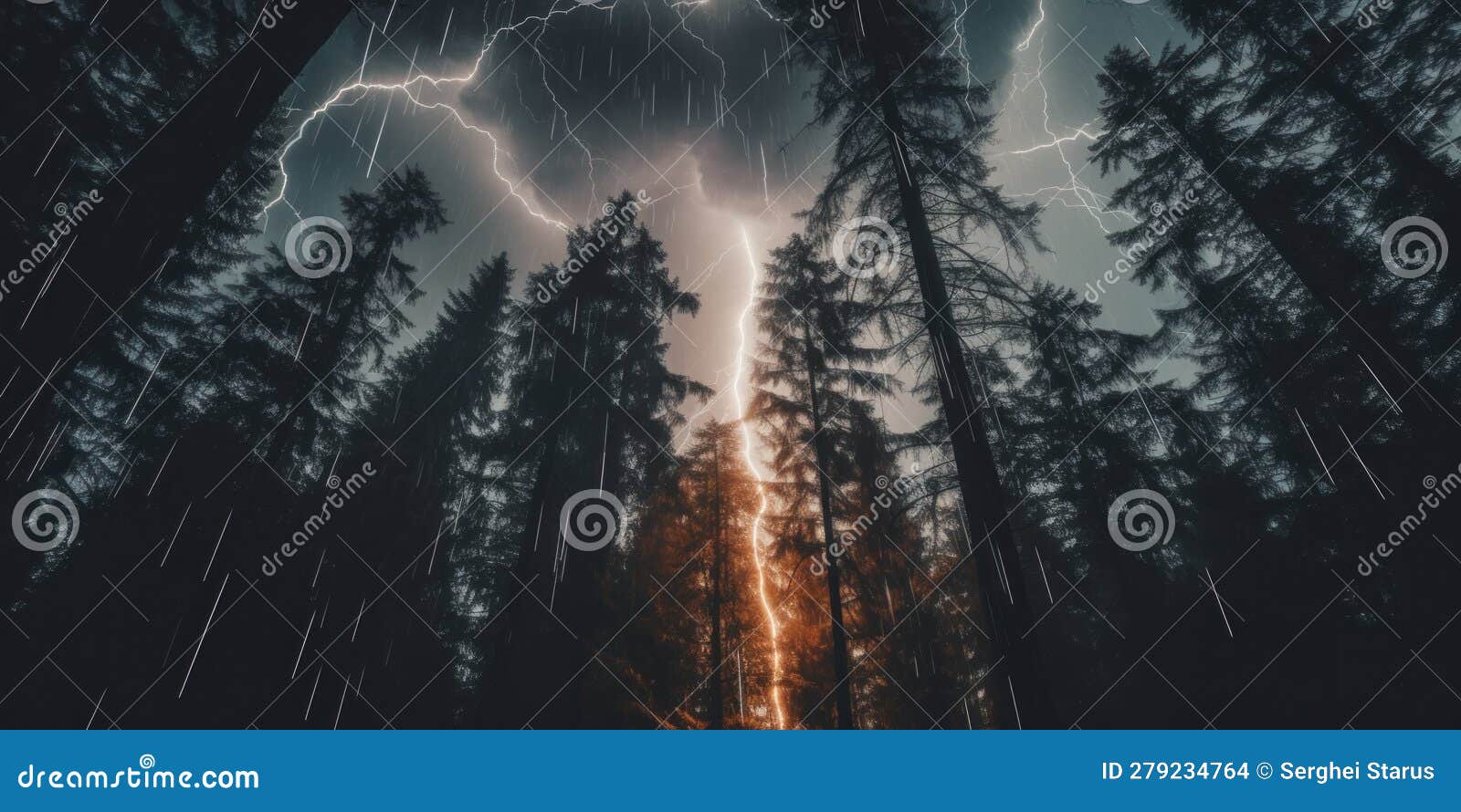 A Lightning Bolt Hitting through a Dark Forest. Generative AI Image ...