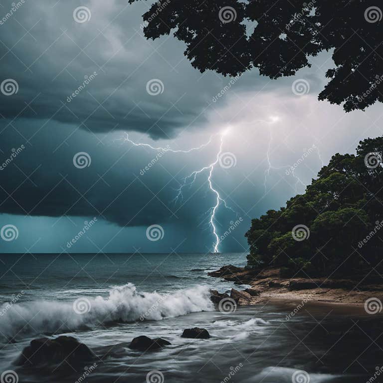 A Lightning Bolt Hitting in the Ocean from Beach with Rocks Stock ...