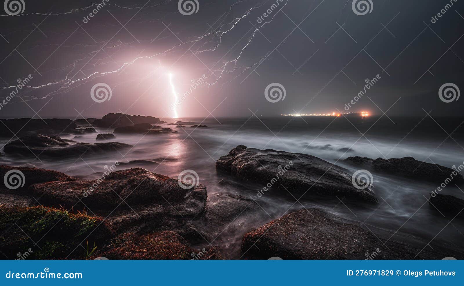 A Lightning Bolt Hitting Over the Ocean with Rocks in the Foreground ...