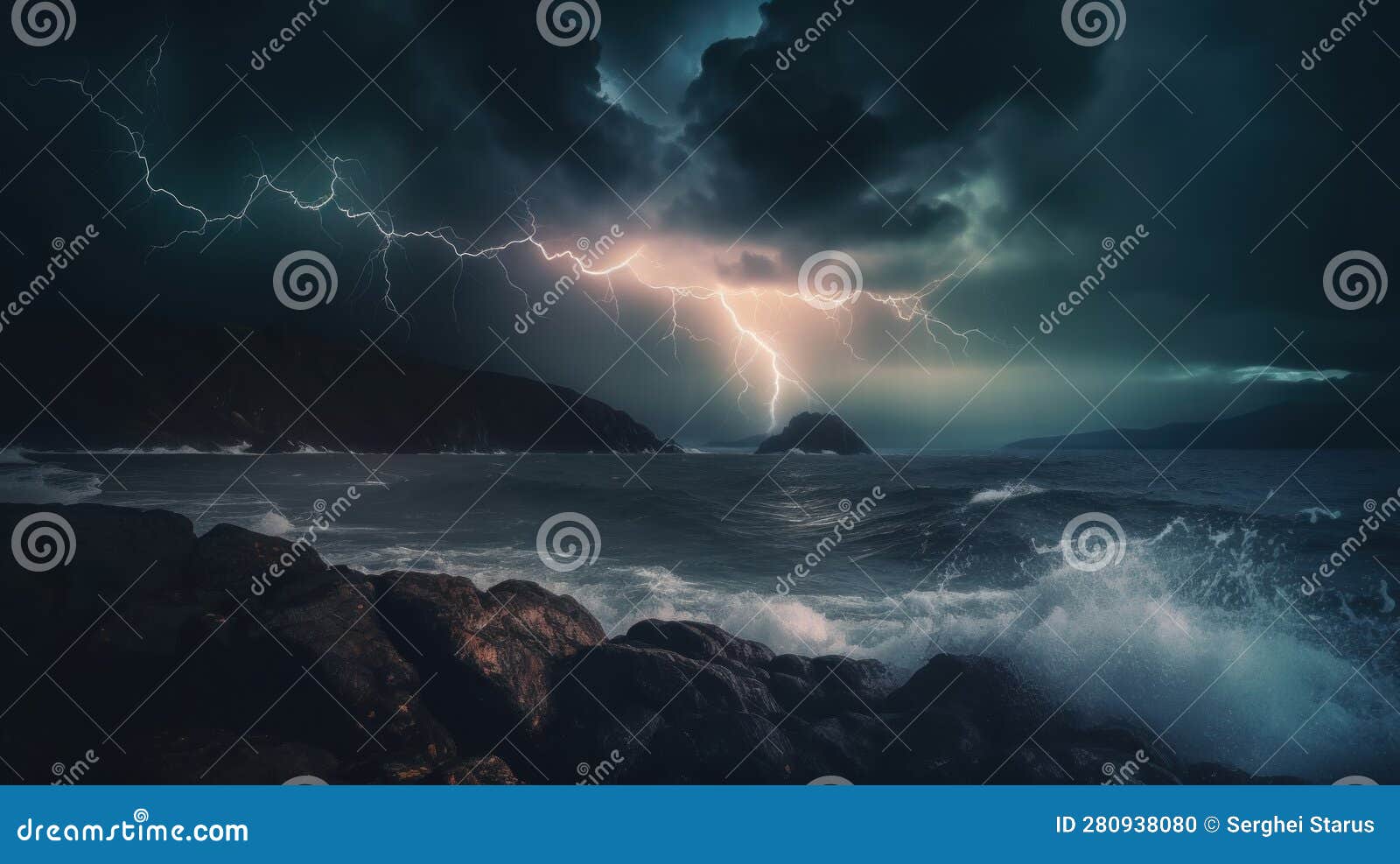A Lightning Bolt Hitting Over the Ocean on a Stormy Day. Generative AI ...