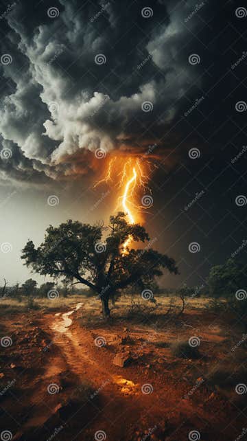 A Lightning Bolt Hitting a Tree in the Middle of a Field. Generative AI ...