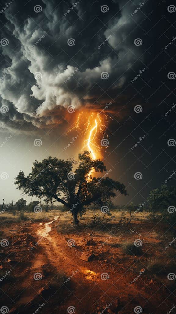A Lightning Bolt Hitting a Tree in the Middle of a Field. Generative AI ...