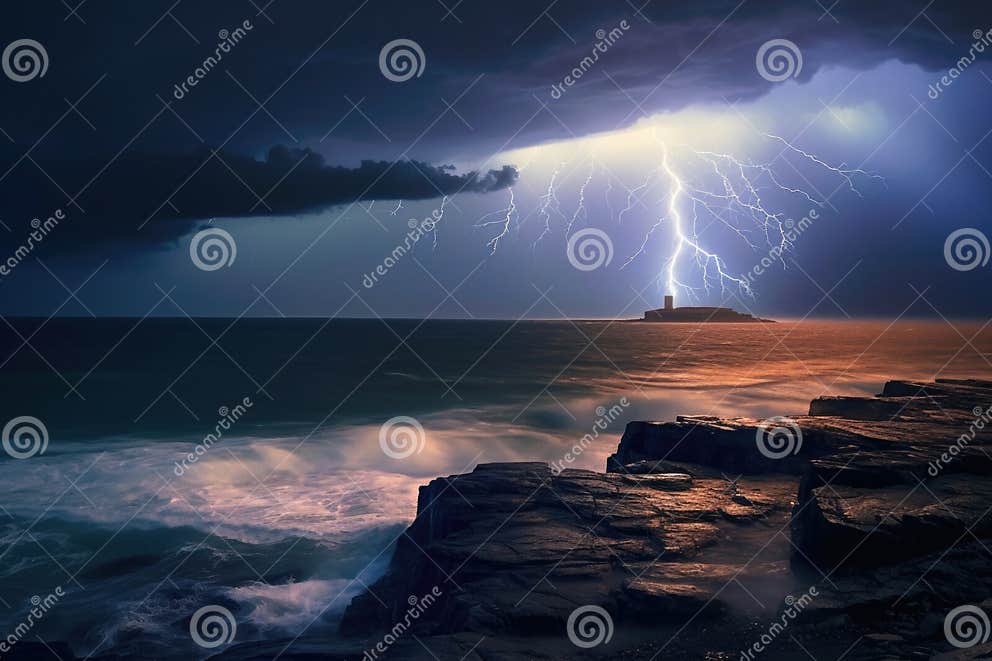 Lightning Bolt Illuminating a Distant Stormy Ocean Stock Illustration ...