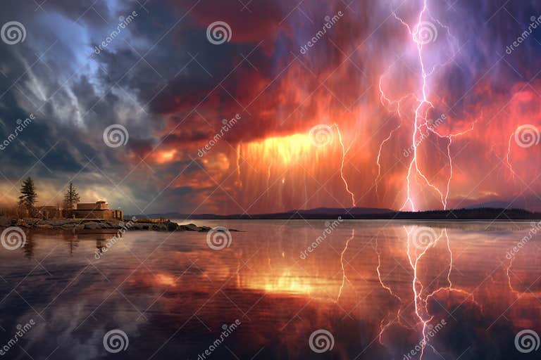 Lightning Bolt and Rainbow during a Stormy Sunset Stock Illustration ...