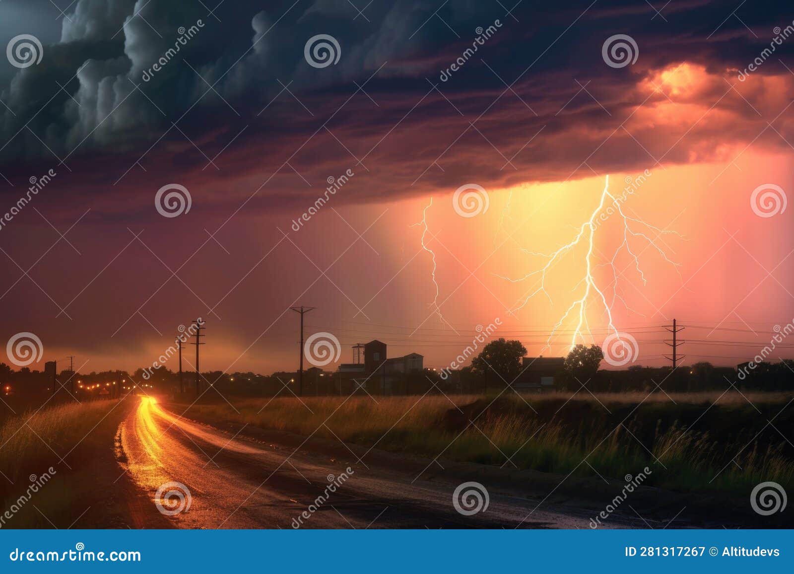 Lightning Bolt and Rainbow during a Stormy Sunset Stock Illustration ...