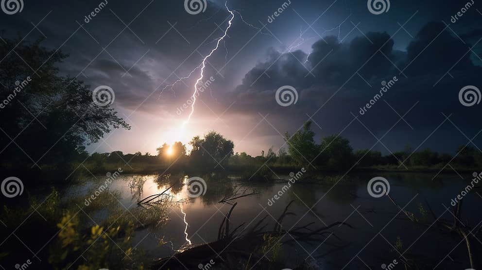 A Lightning Bolt is Seen Over a River at Night Time Stock Photo - Image ...