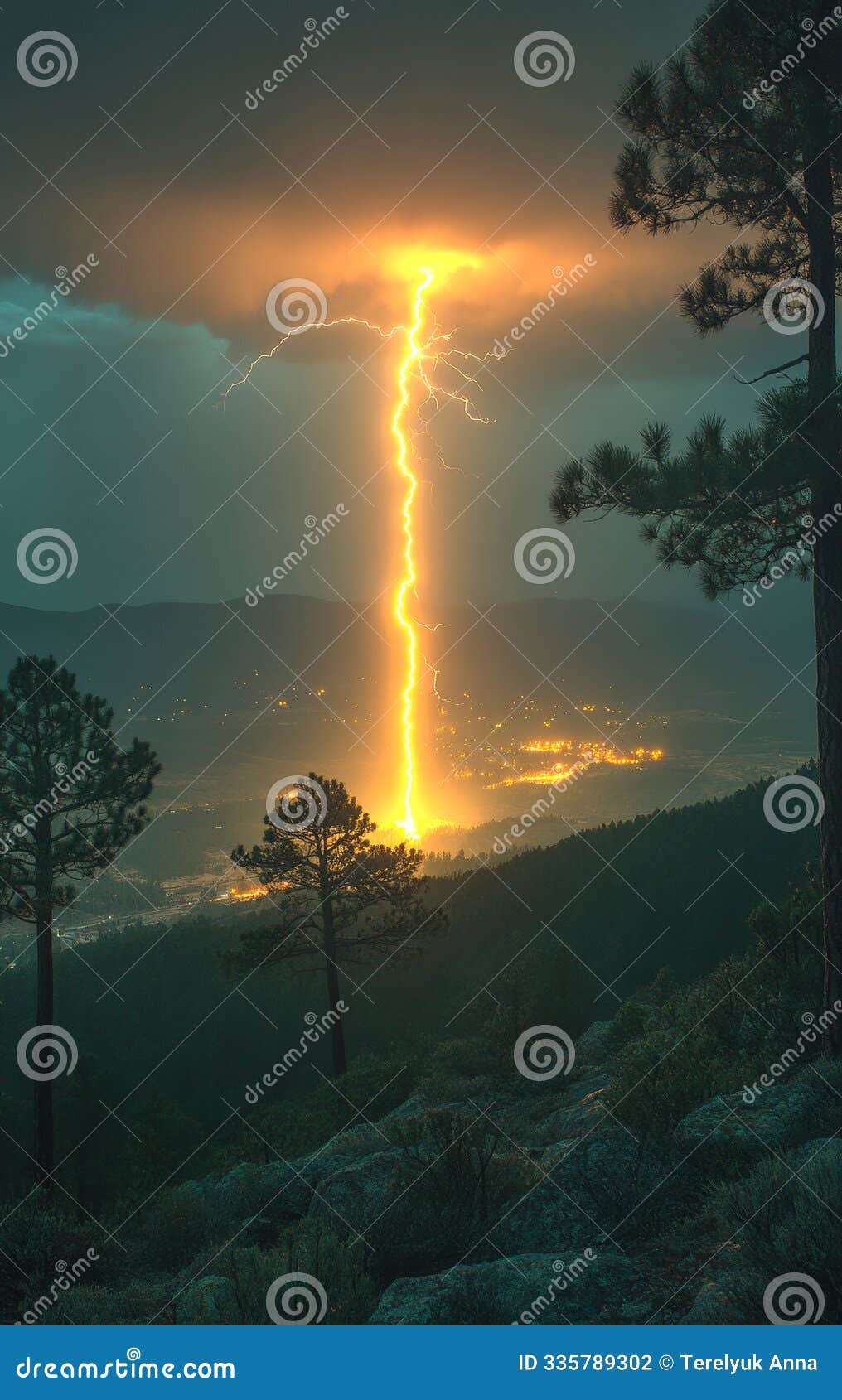 A Lightning Bolt is Seen in the Sky Above a Forest Stock Photo - Image ...