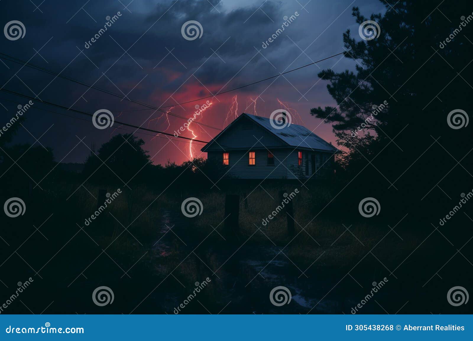A Lightning Bolt Strikes a House in the Middle of the Night Stock ...
