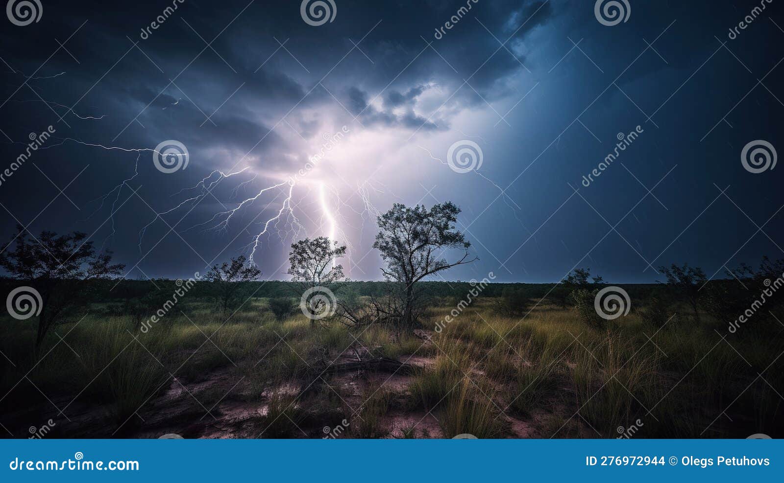 A Lightning Bolt Strikes Over a Field with Trees and Grass Stock Photo ...