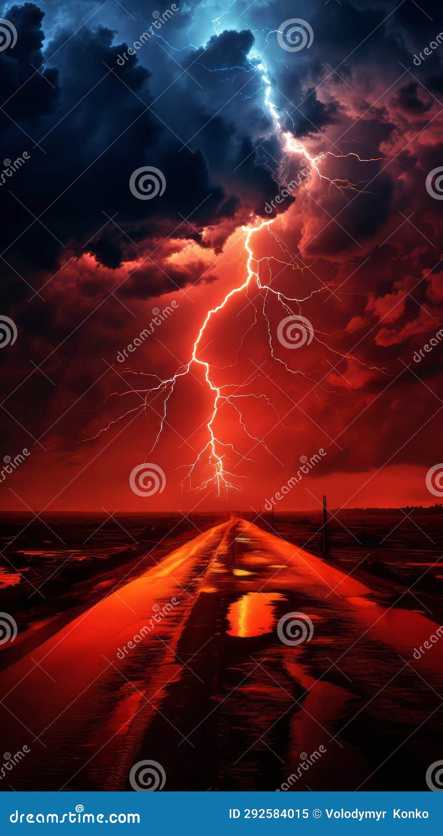A Lightning Bolt Strikes Over a Road in the Middle of the Night Stock ...