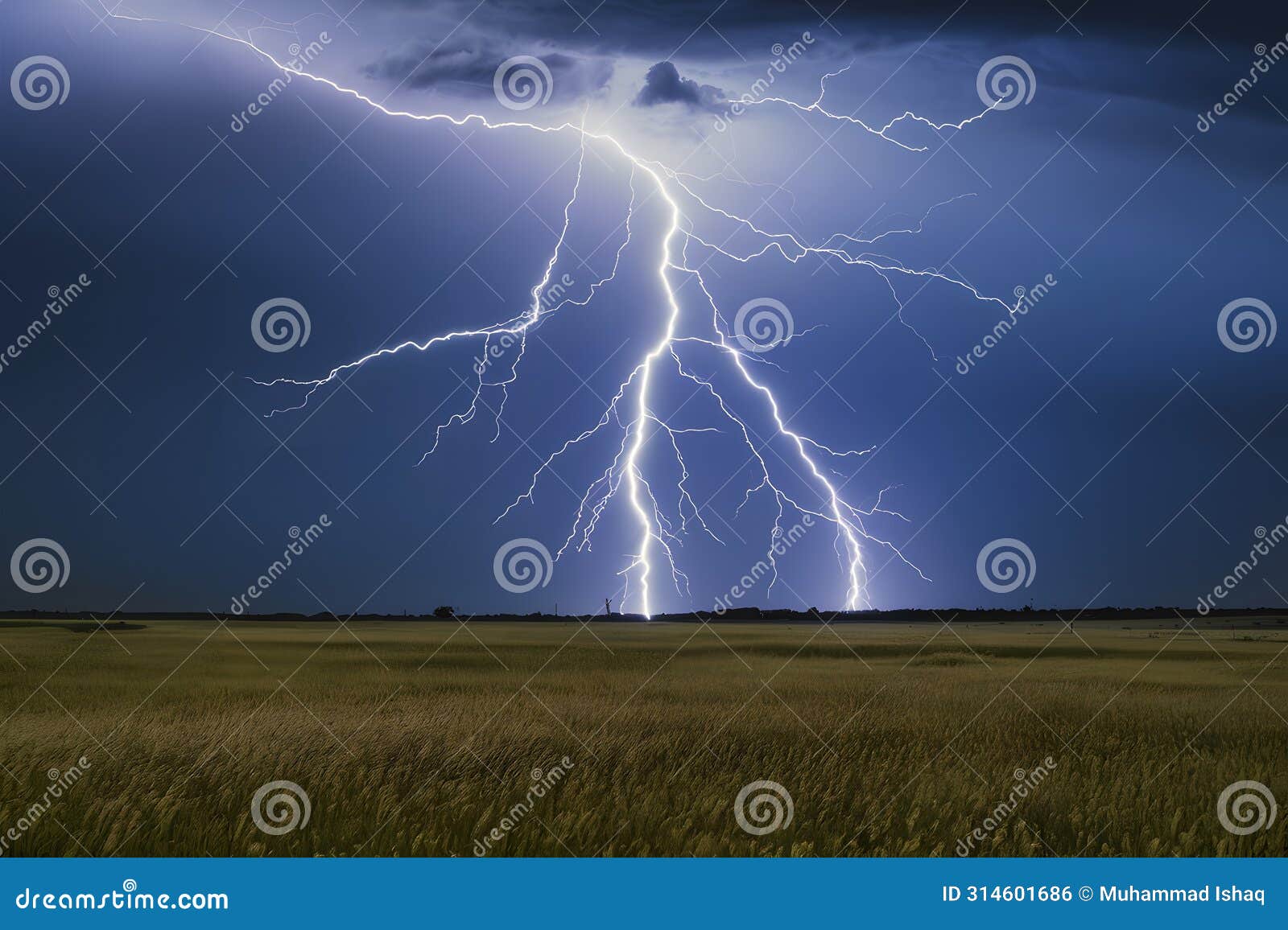 Lightning Bolt Strikes through Sky Over Open Field, Dramatic Energy ...
