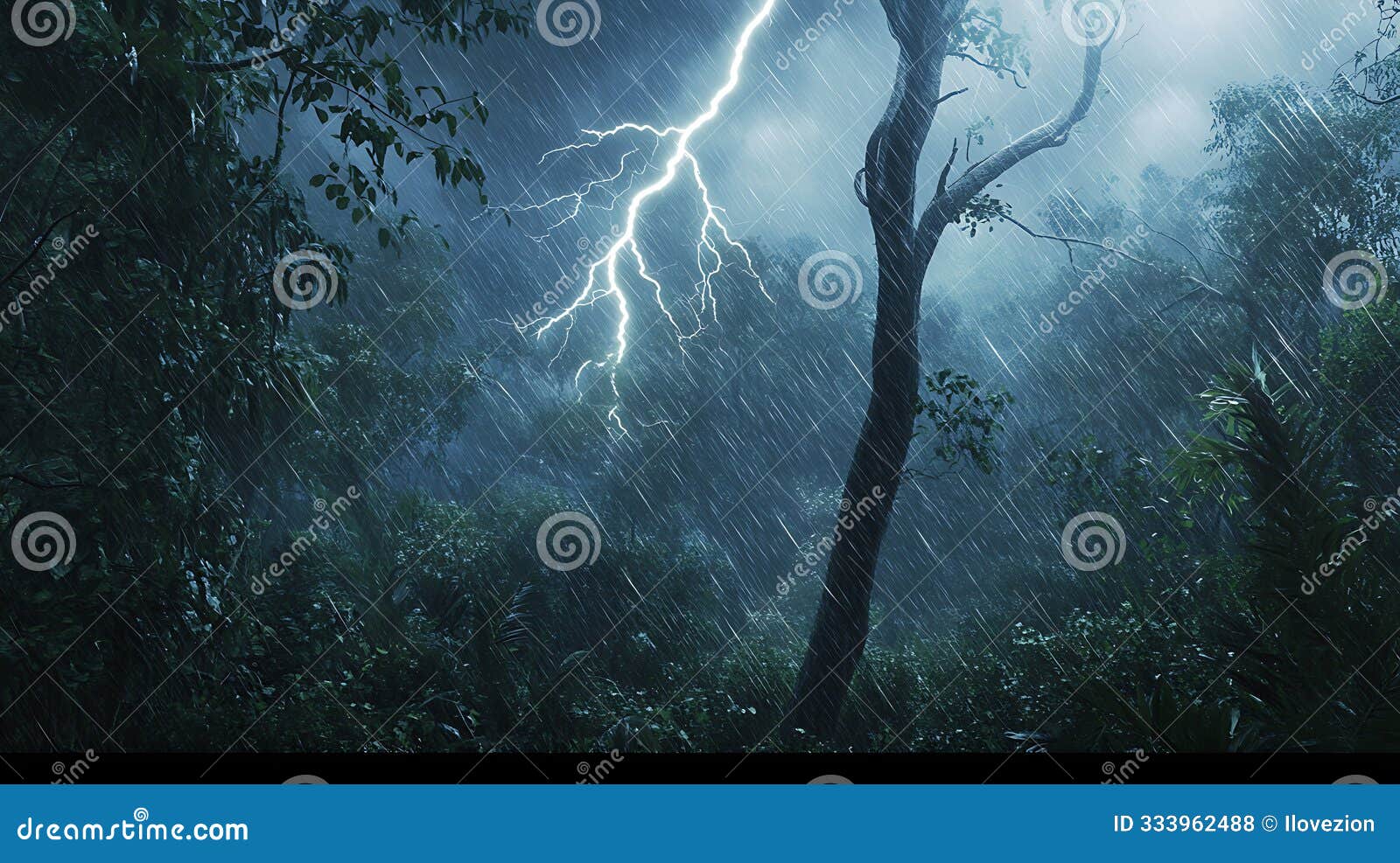 Lightning In A Dense Forest A Jagged Lightning Bolt Splits The N ...