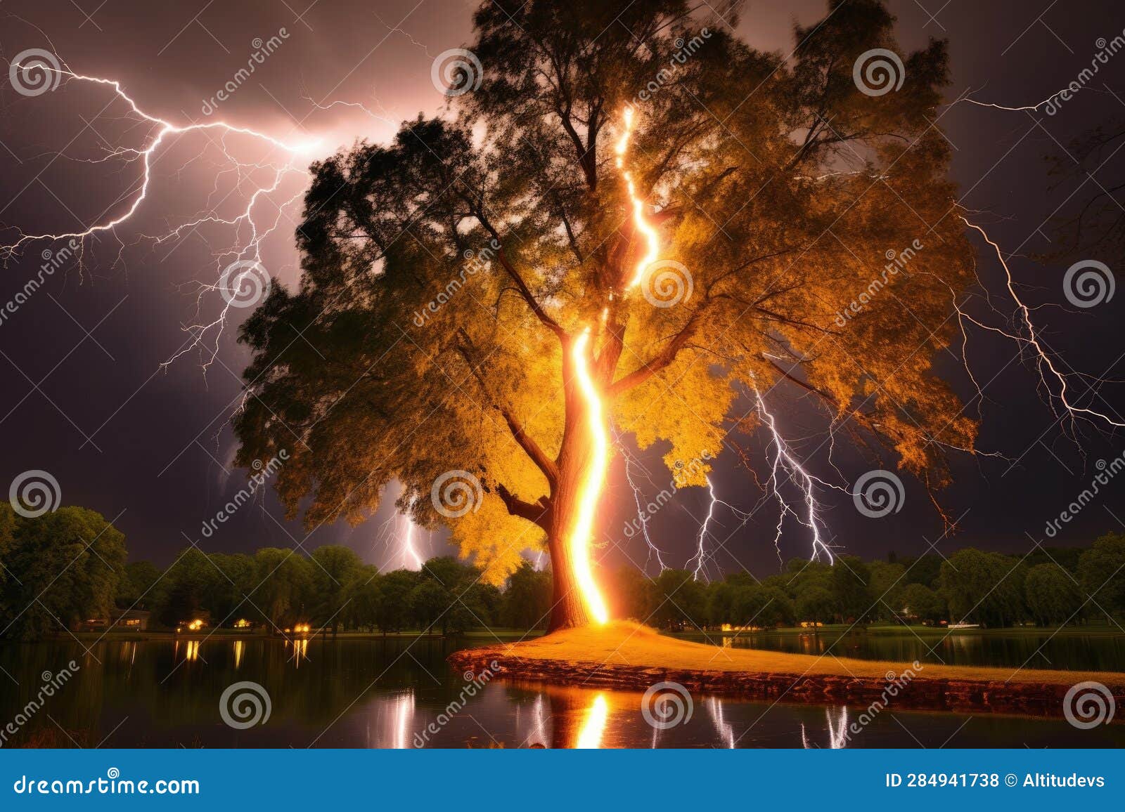 Lightning Bolt Striking a Tree during a Storm Stock Illustration ...