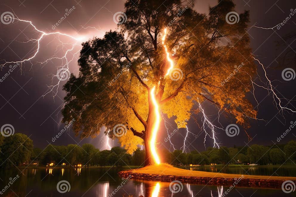 Lightning Bolt Striking a Tree during a Storm Stock Photo - Image of ...