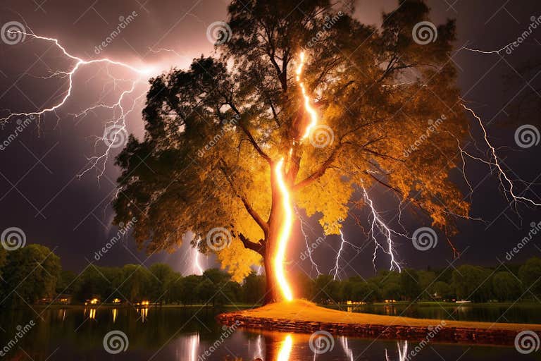 Lightning Bolt Striking a Tree during a Storm Stock Photo - Image of ...