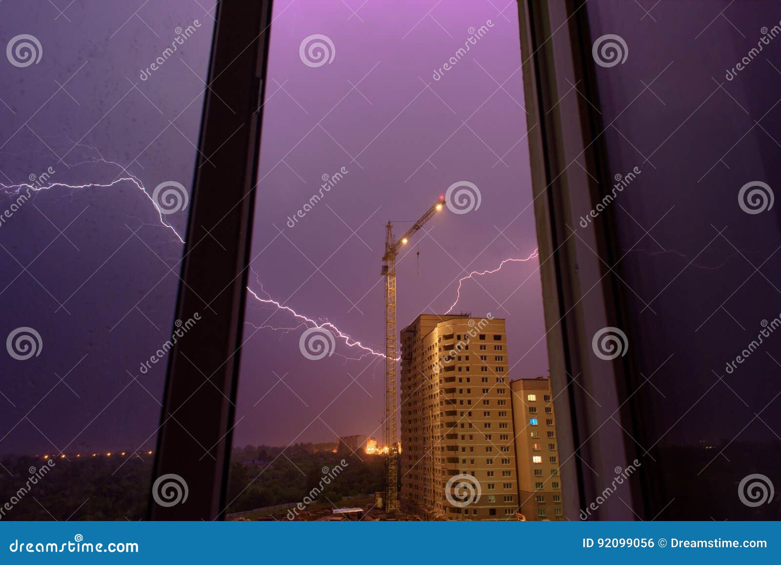 Lightning on a Building Site, a Thunderstorm View from the Window Stock ...