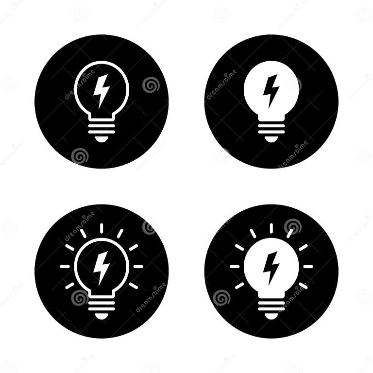 Lightning Bulb Icon Set on Black Circle. Lamp with Flash Concept Stock ...
