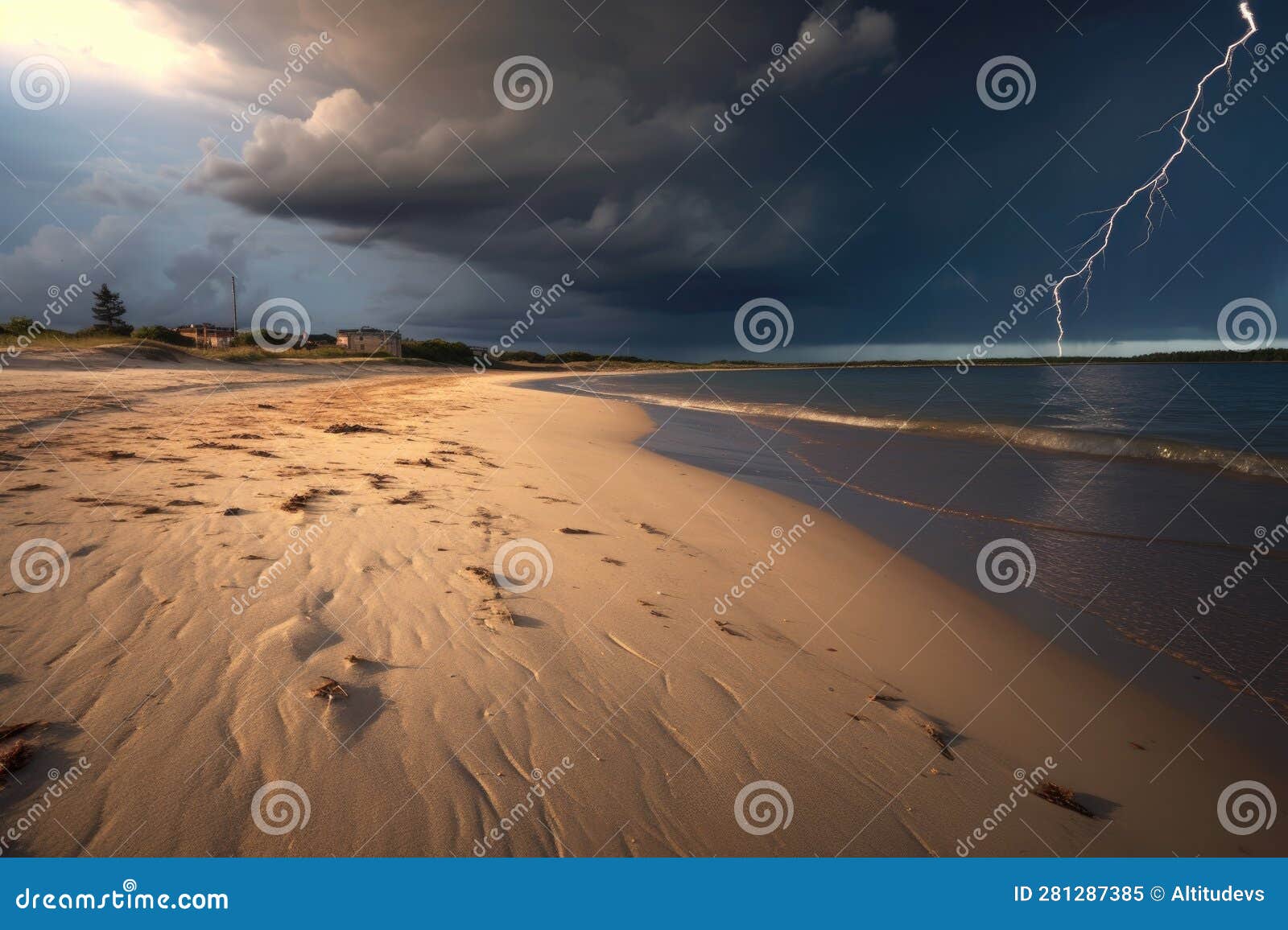 Lightning Casting Shadows on a Deserted Beach Shoreline Stock ...