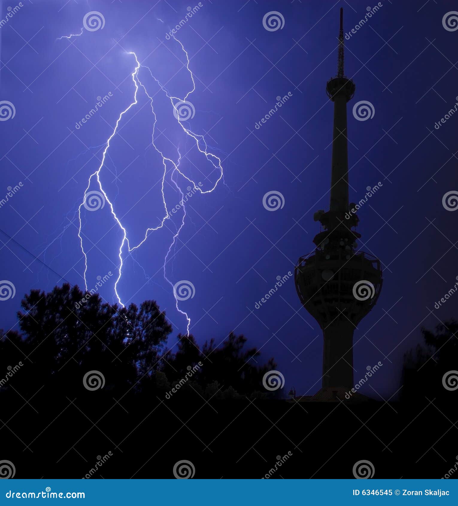Lightning and Communication Tower in Stormy Night Stock Image - Image ...