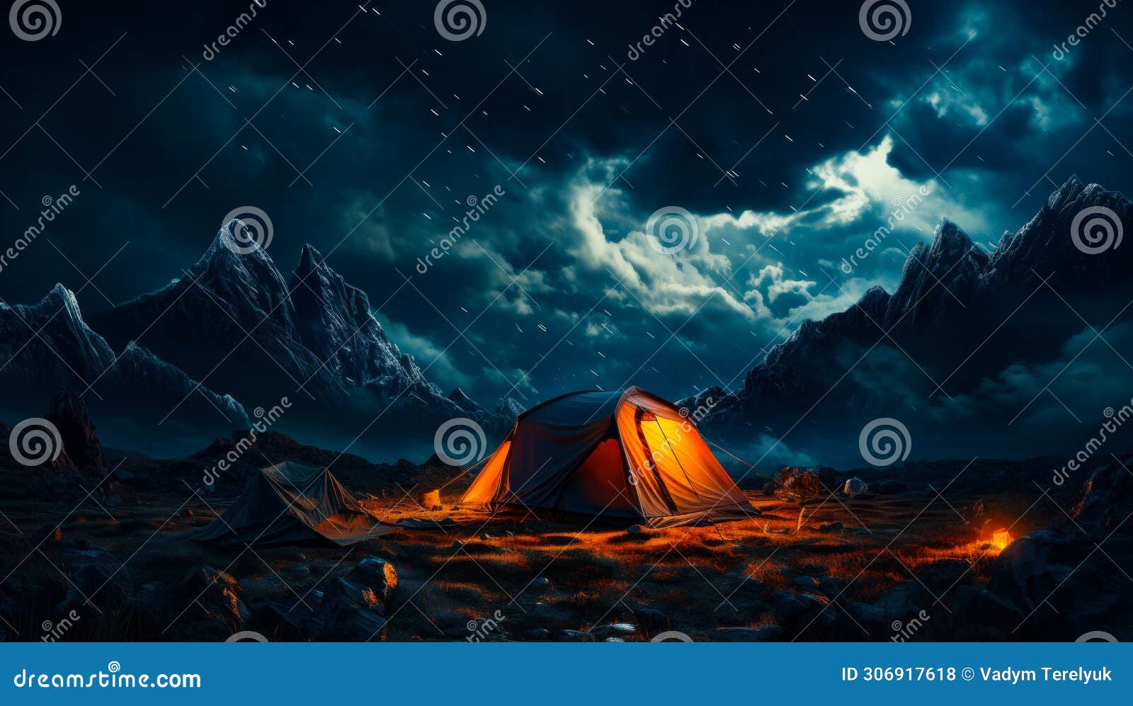 Lightning Dark Tent at Night Camping Scene. Stock Photo - Image of ...
