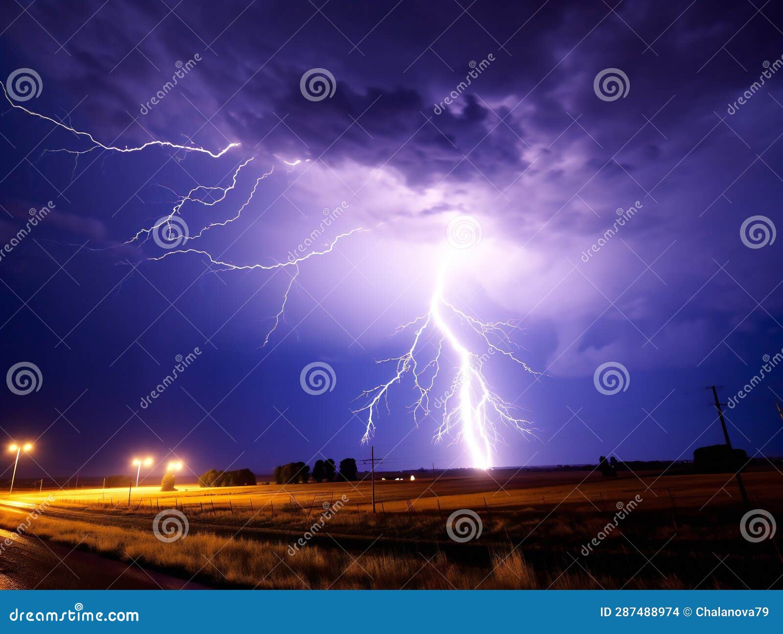 Lightning with Dramatic Clouds. Night Thunder-storm in Field ...