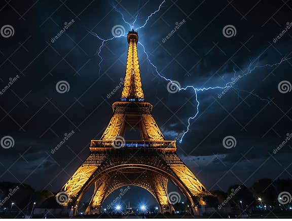 Lightning at Eiffel tower stock illustration. Illustration of eiff - 321197932