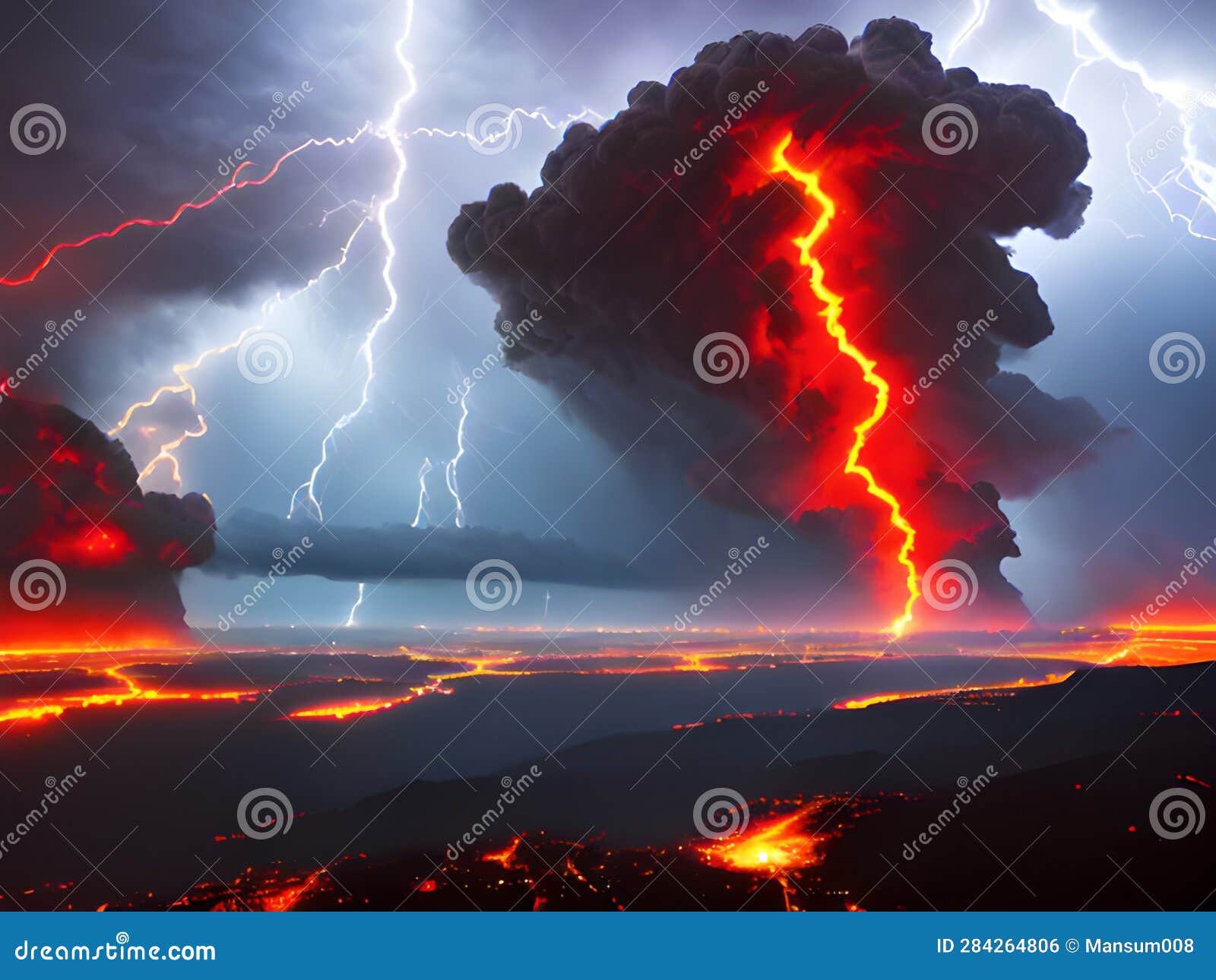 Lightning and Fire Cloud in the Sky, Ai Generated Stock Illustration ...