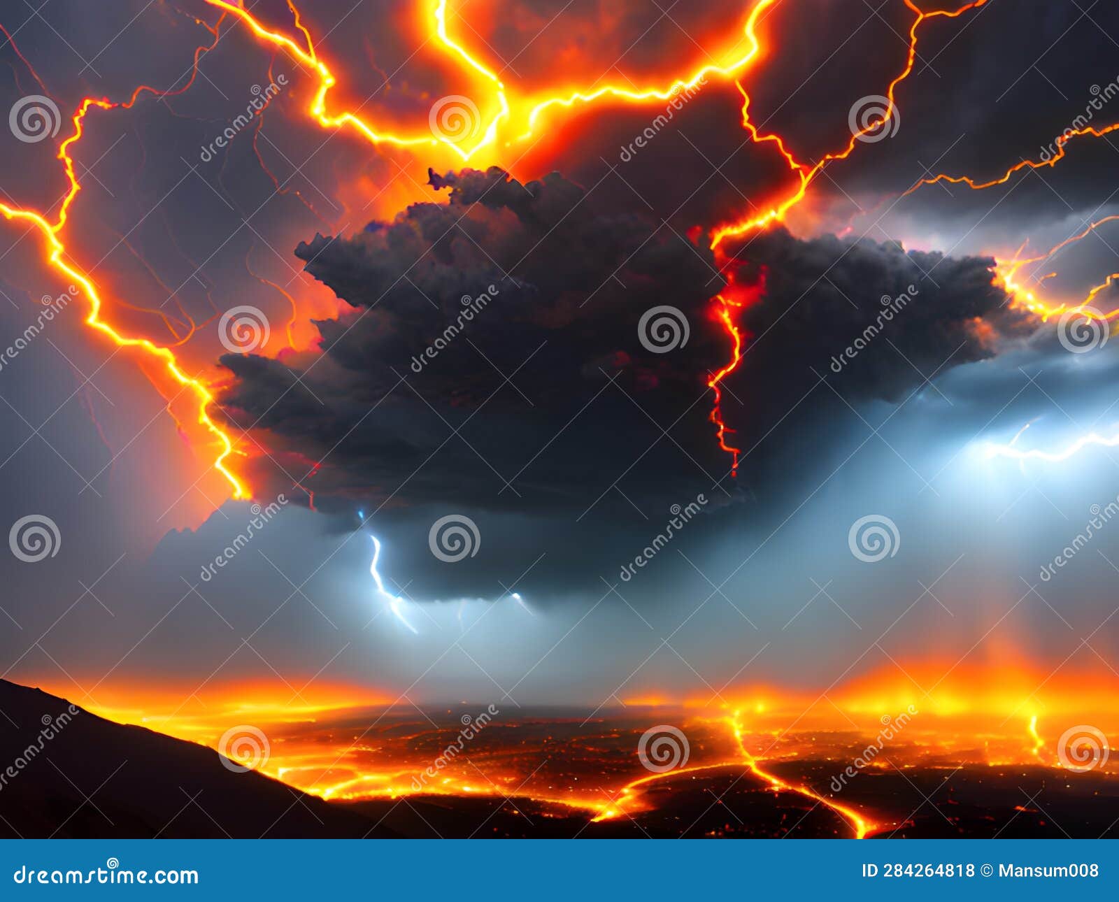 Lightning and Fire Cloud in the Sky, Ai Generated Stock Illustration ...
