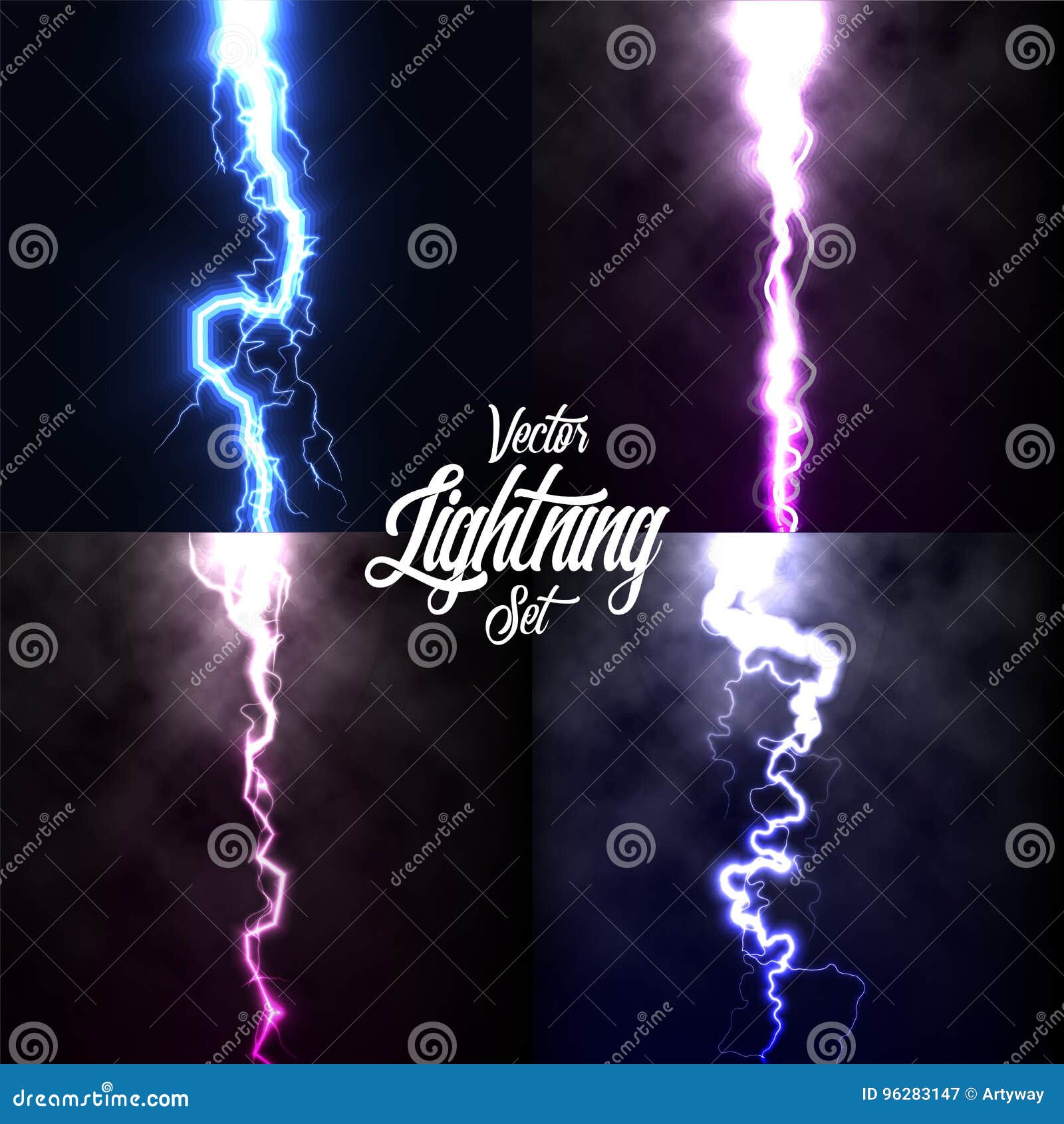 Lightning Flash Light Thunder Spark on Black Background with Clouds Set ...