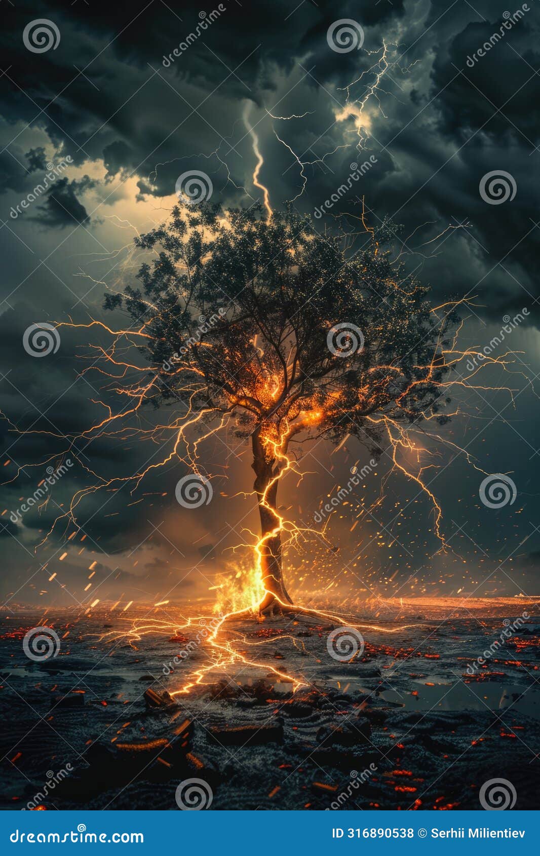Lightning Hits a Tree, Beautiful Storm Clouds in the Sky at Night Stock ...