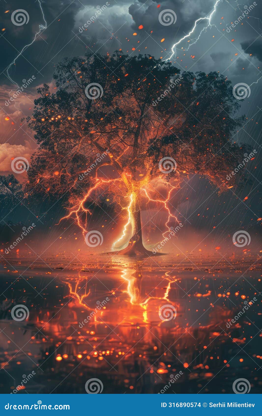 Lightning Hits a Tree, Beautiful Storm Clouds in the Sky at Night Stock ...