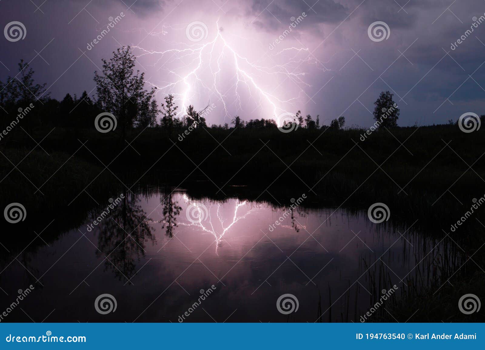 A Lightning Hitting the Ground during a Thunderstorm in Nighttime Stock ...