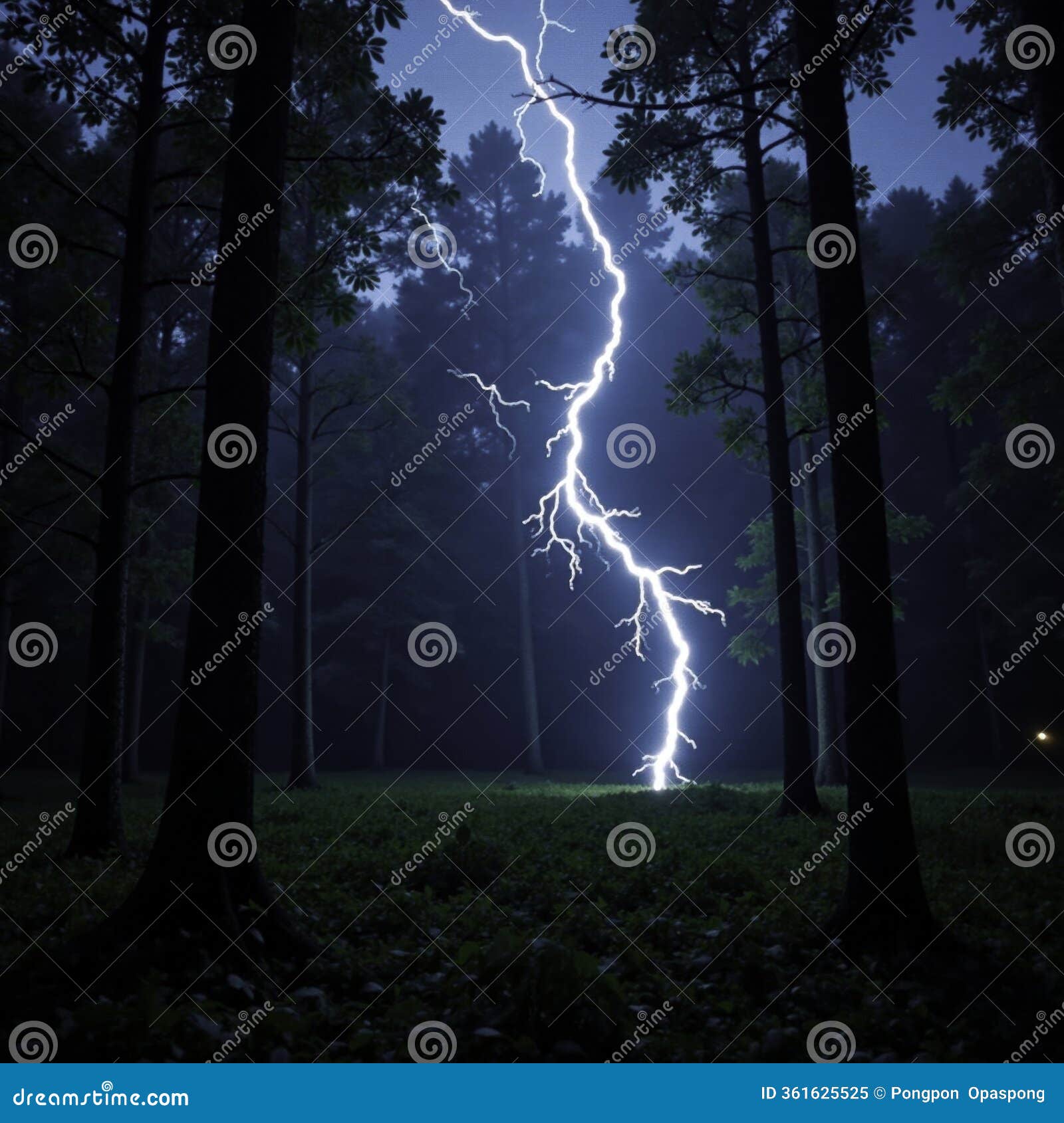 Lightning In A Dense Forest A Jagged Lightning Bolt Splits The N Stock ...