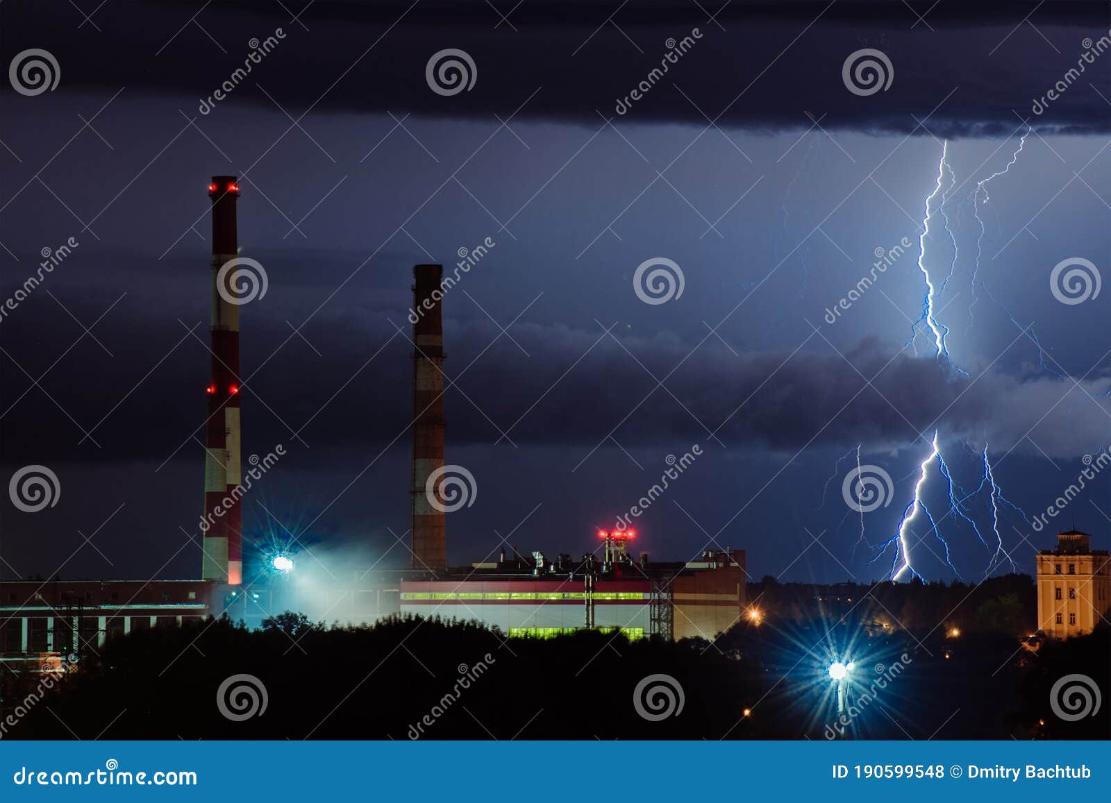 Lightning at Night Near the Factory Stock Photo - Image of excitement ...