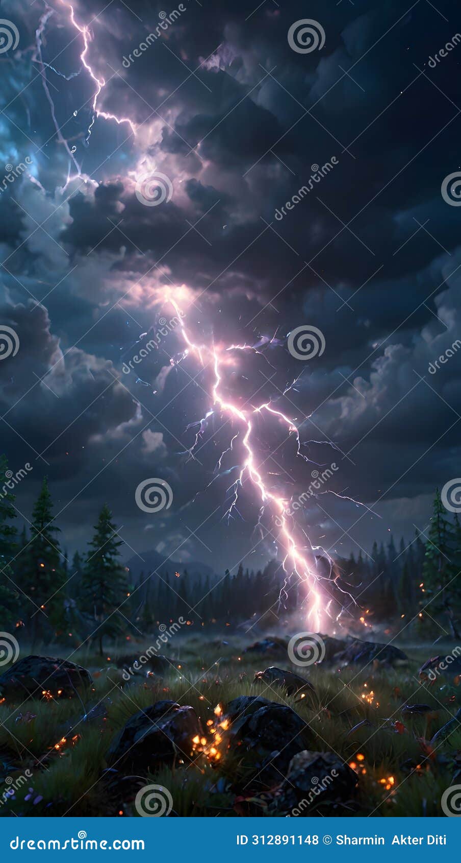 Lightning in the Night Sky. Thunderstorm Over the Forest Stock ...