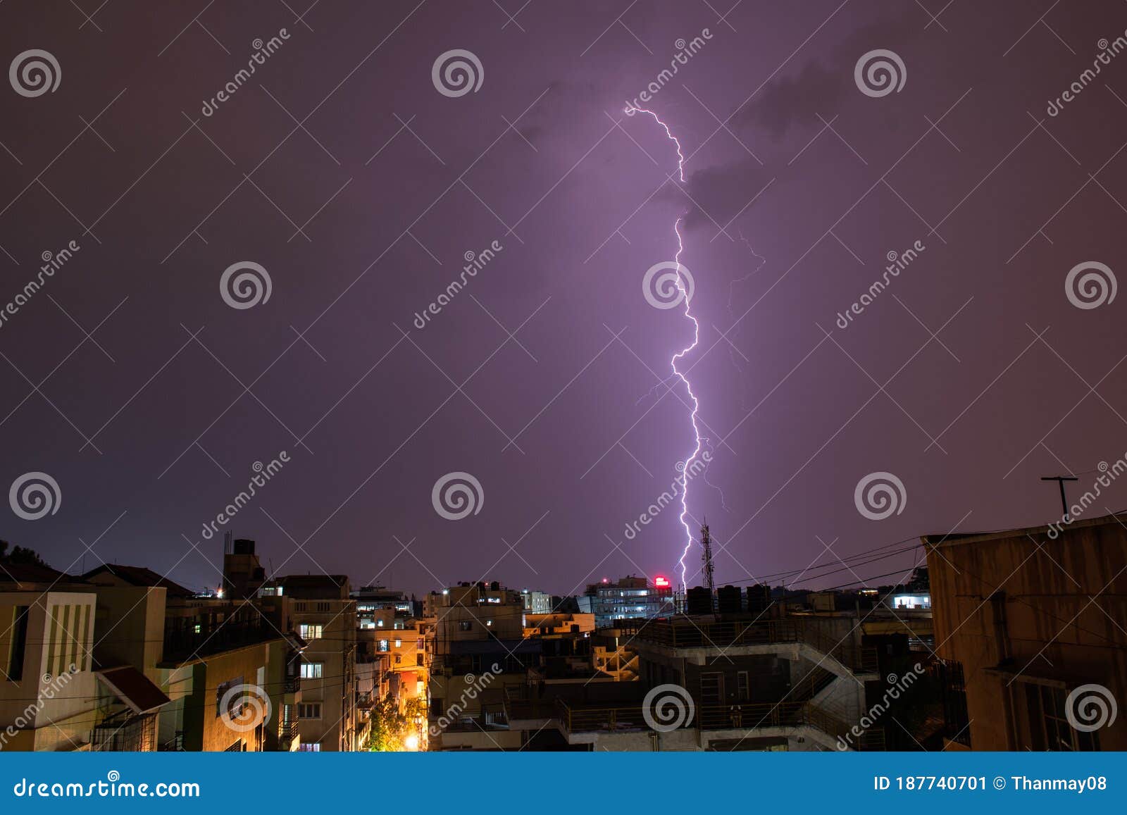 Lightning over buildings stock image. Image of nightscape - 187740701