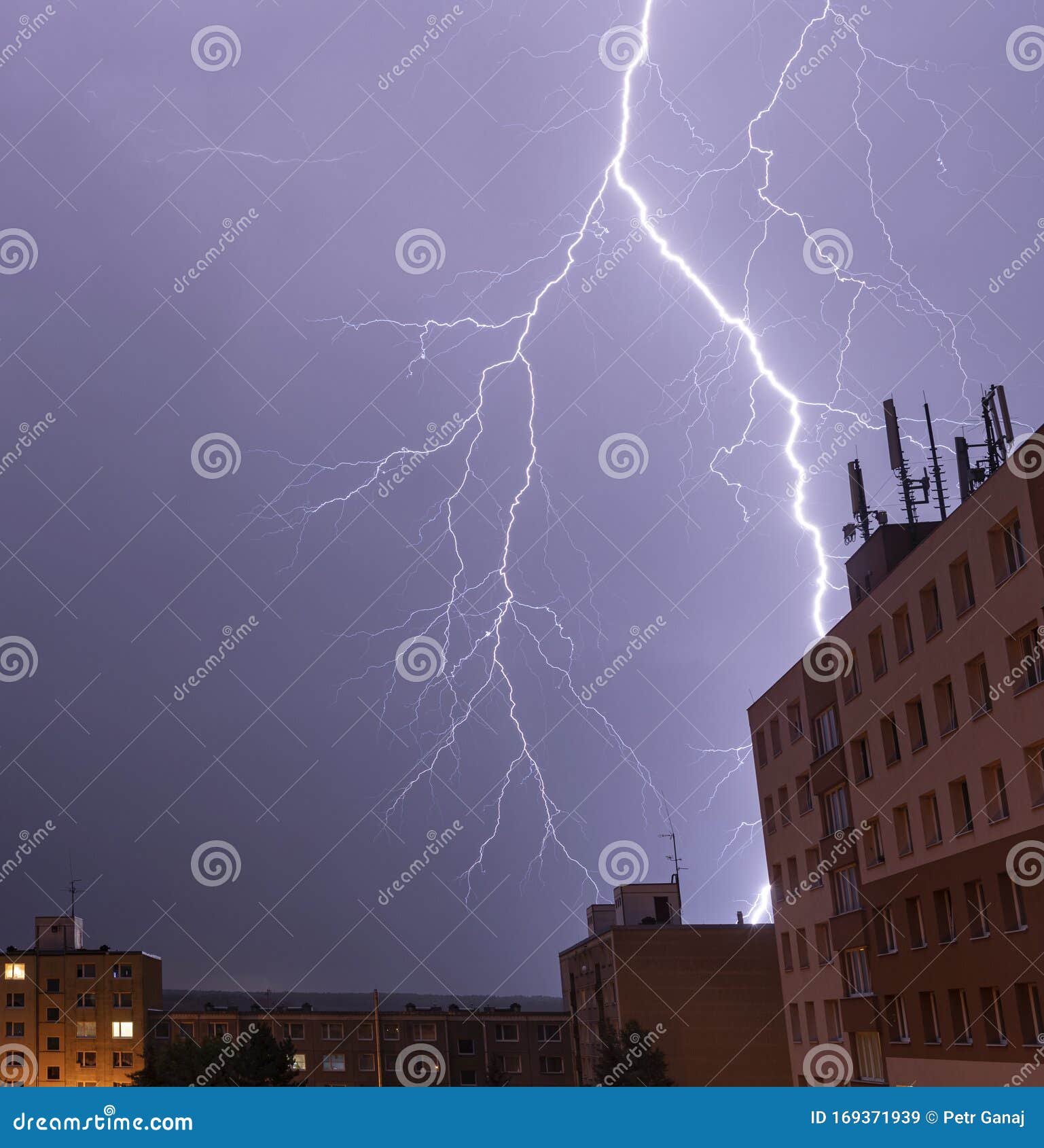 Lightning Over Buildings at Night Stock Image - Image of effect ...