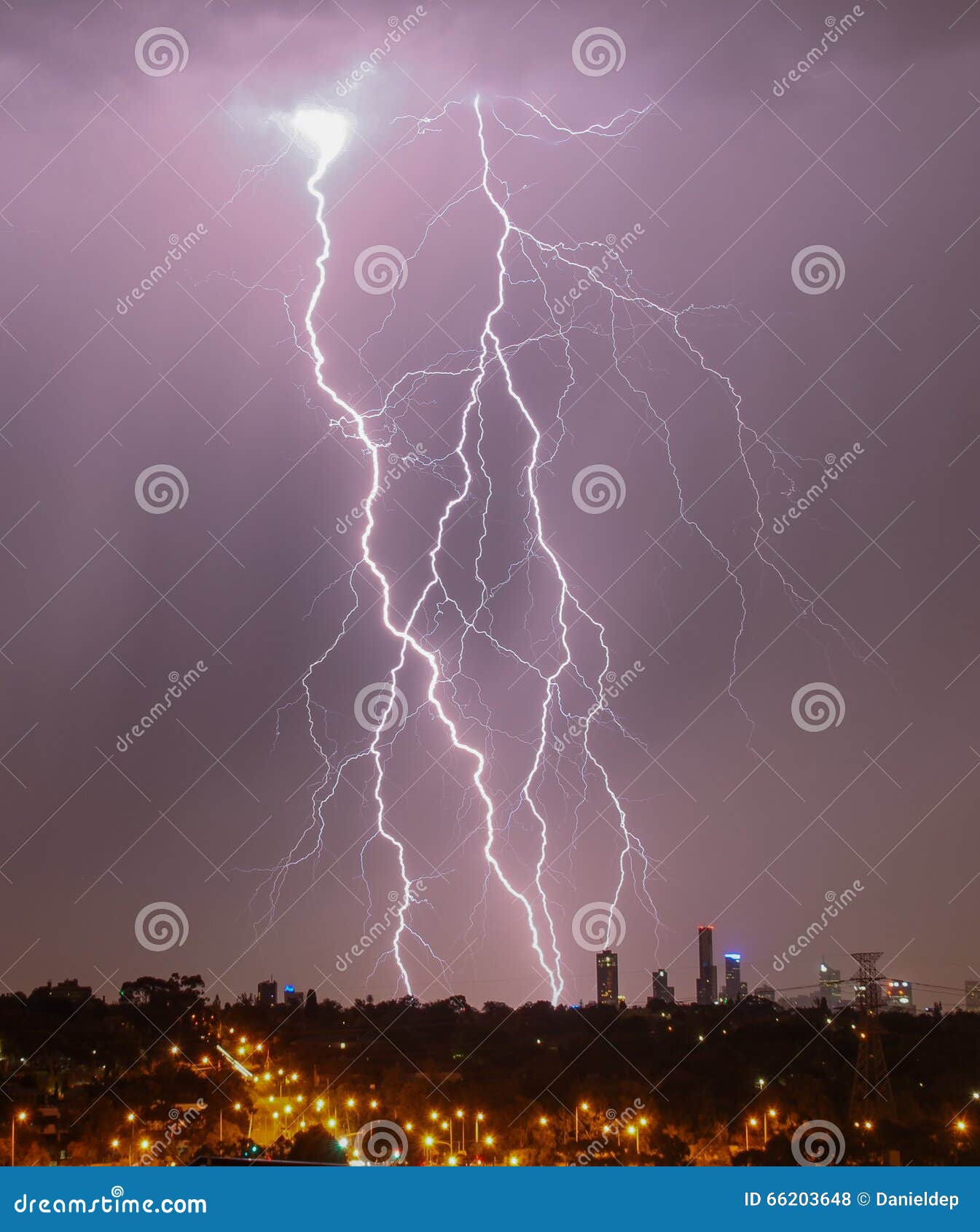 Lightning Over City Skyline Stock Photo - Image of dark, rainstorm ...