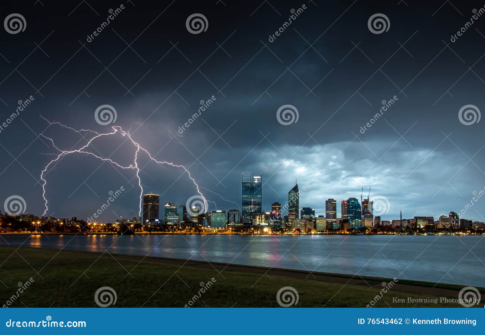 Lightning over Perth stock photo. Image of river, city - 76543462