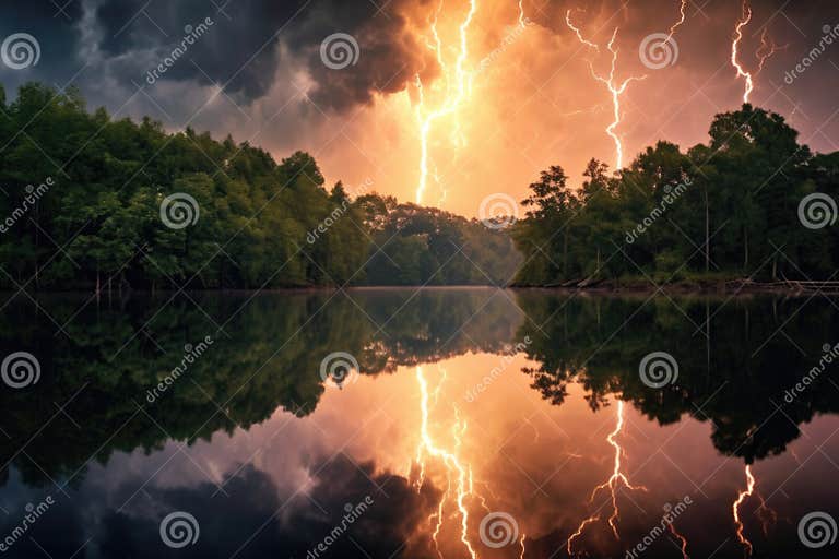 Lightning Reflection on a Calm Lake Surface Stock Illustration - Illustration of lake ...
